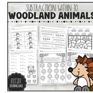 Printable Subtraction Worksheets Woodland Animal Theme Kindergarten ...
