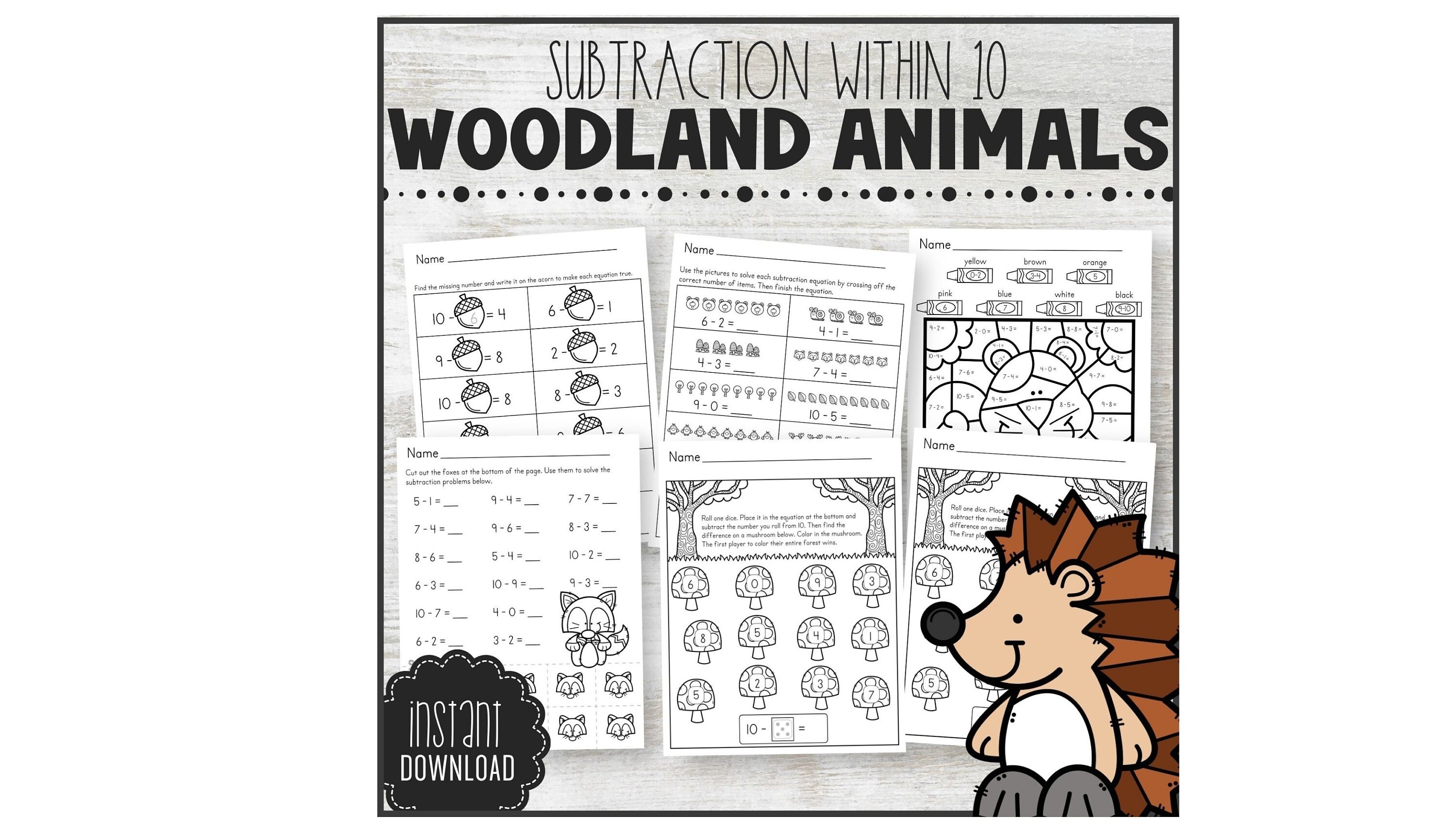 Printable Subtraction Worksheets Woodland Animal Theme Kindergarten ...