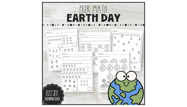 Earth Day Printable Math Worksheets INSTANT DOWNLOAD Preschool Counting ...