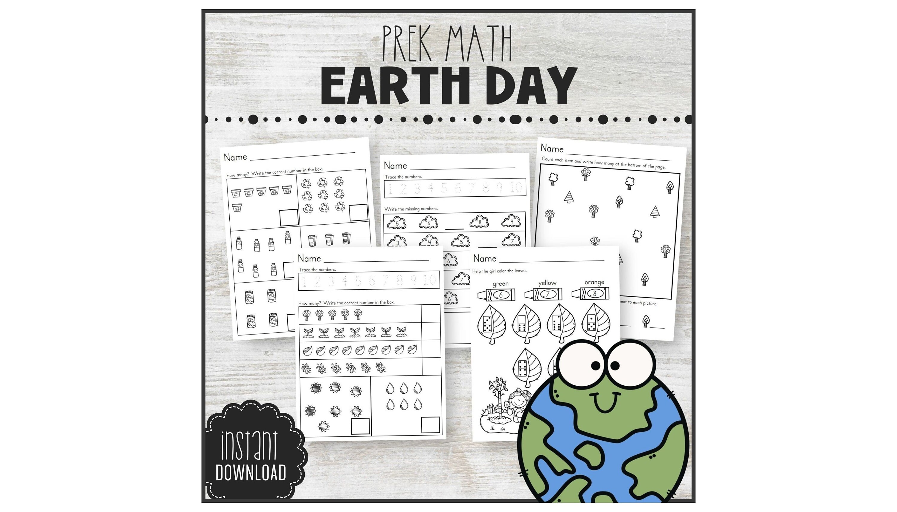 Earth Day Printable Math Worksheets INSTANT DOWNLOAD Preschool Counting ...