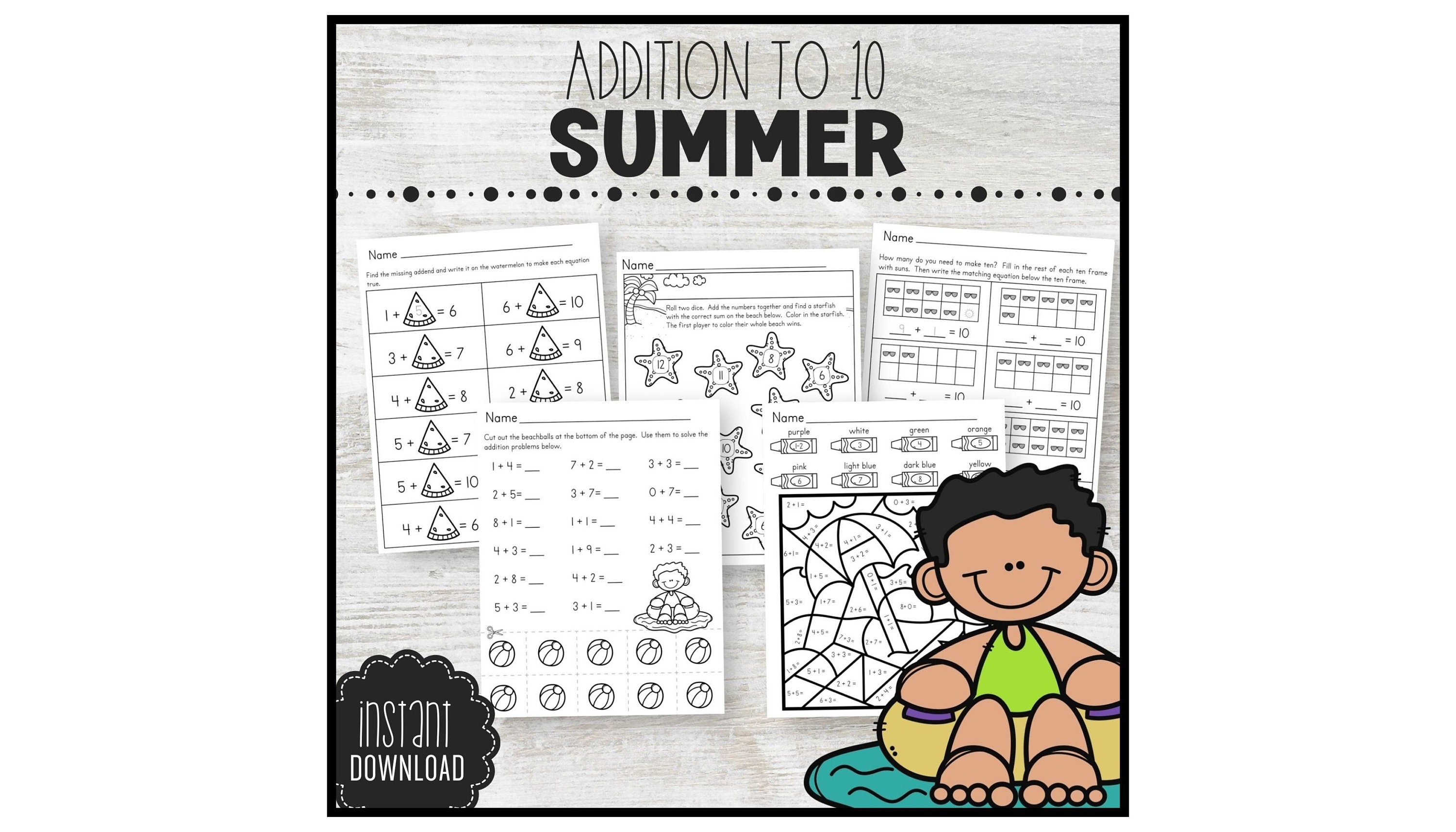 Math Activity Sheets Summer Theme INSTANT DOWNLOAD Kindergarten ...