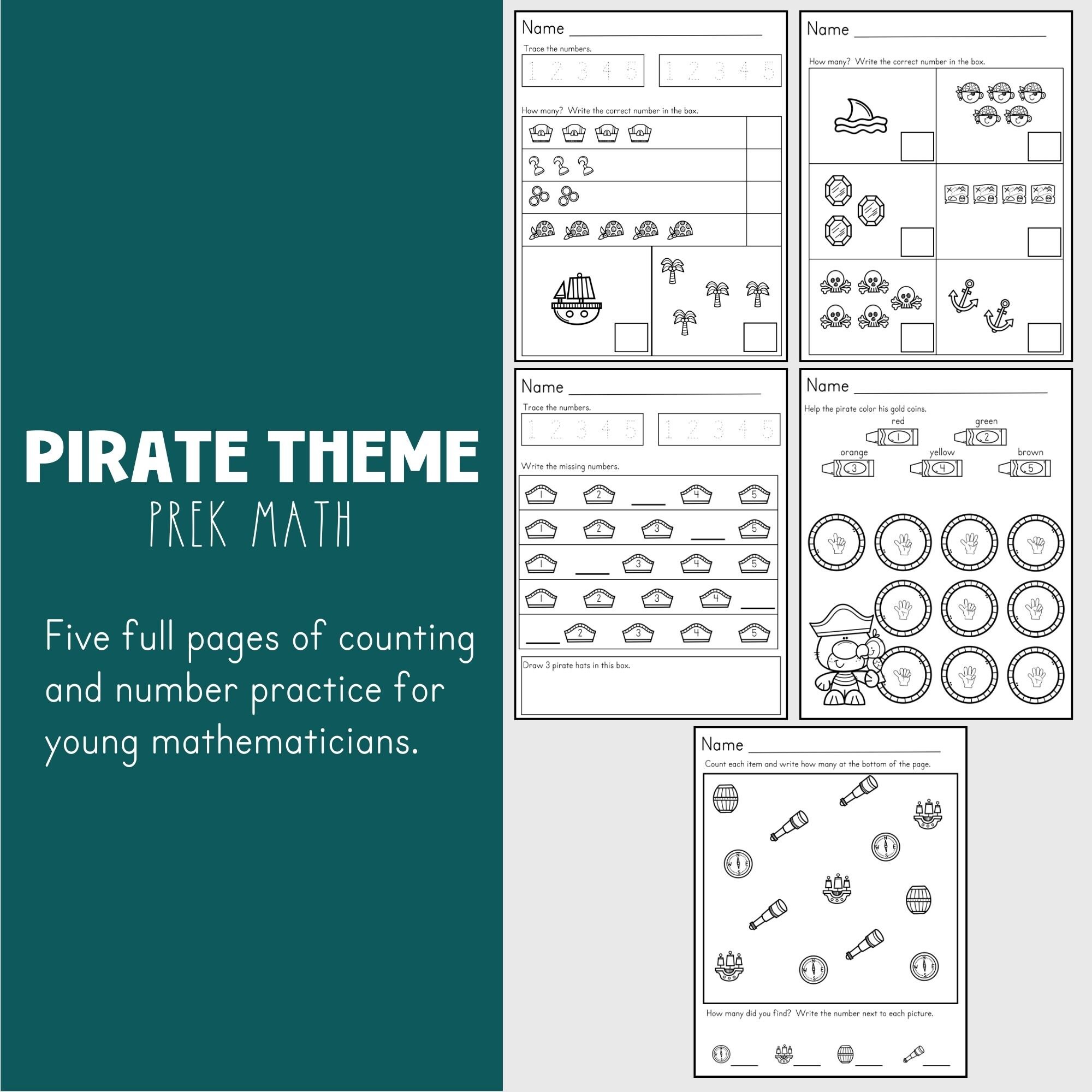 Preschool Printable Math Worksheets INSTANT DOWNLOAD Pirate Counting 1 ...