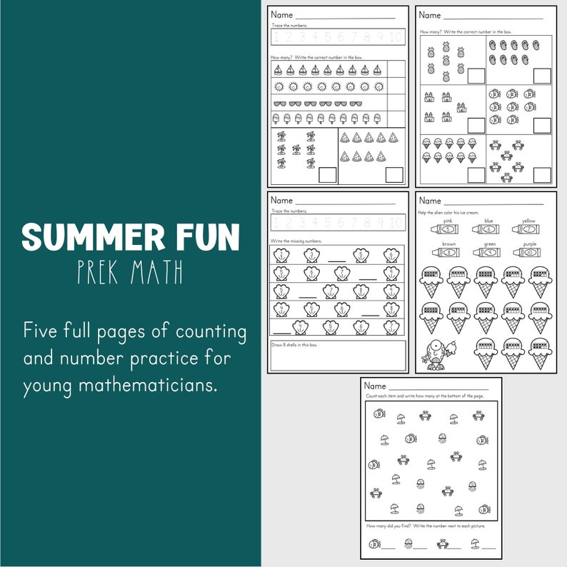 Printable Summer Math Worksheets INSTANT DOWNLOAD Preschool Counting ...