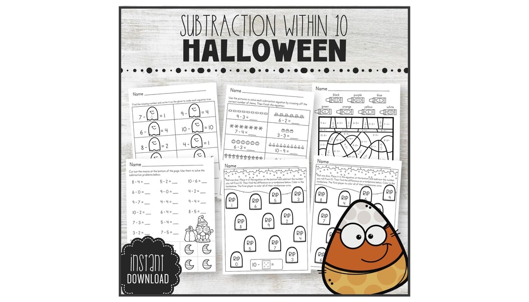 Printable Halloween Worksheets Subtraction Within 10, INSTANT DOWNLOAD ...