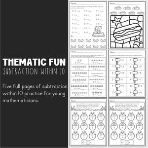 Printable Subtraction Worksheets Camping Theme Kindergarten Math ...