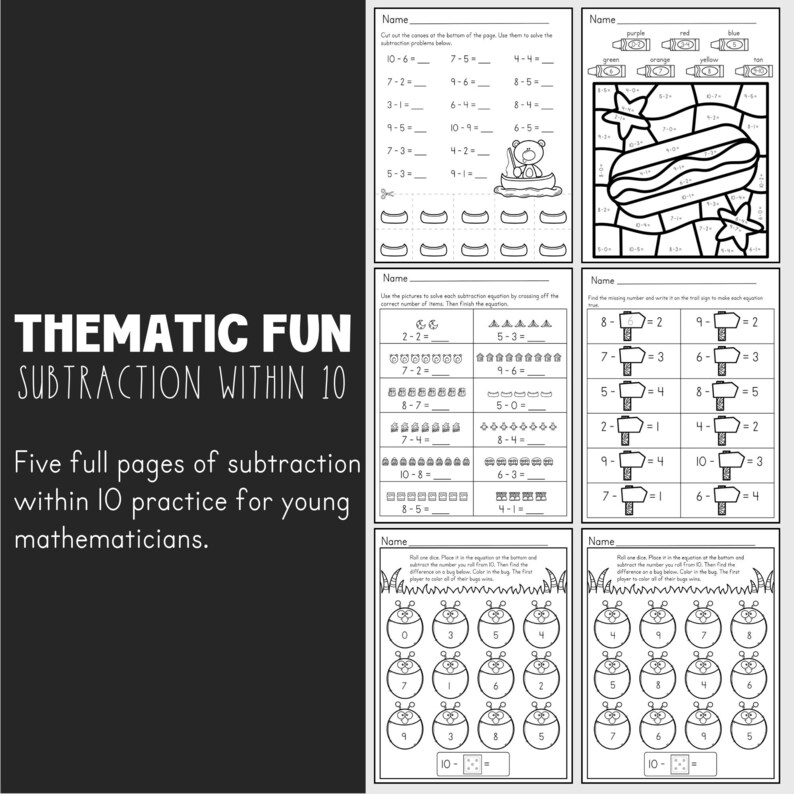 Printable Subtraction Worksheets Camping Theme Kindergarten Math ...