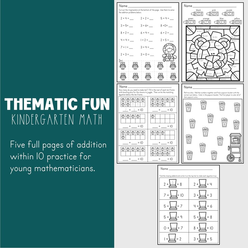 Math Activity Sheets Circus Animals Theme INSTANT DOWNLOAD Kindergarten ...