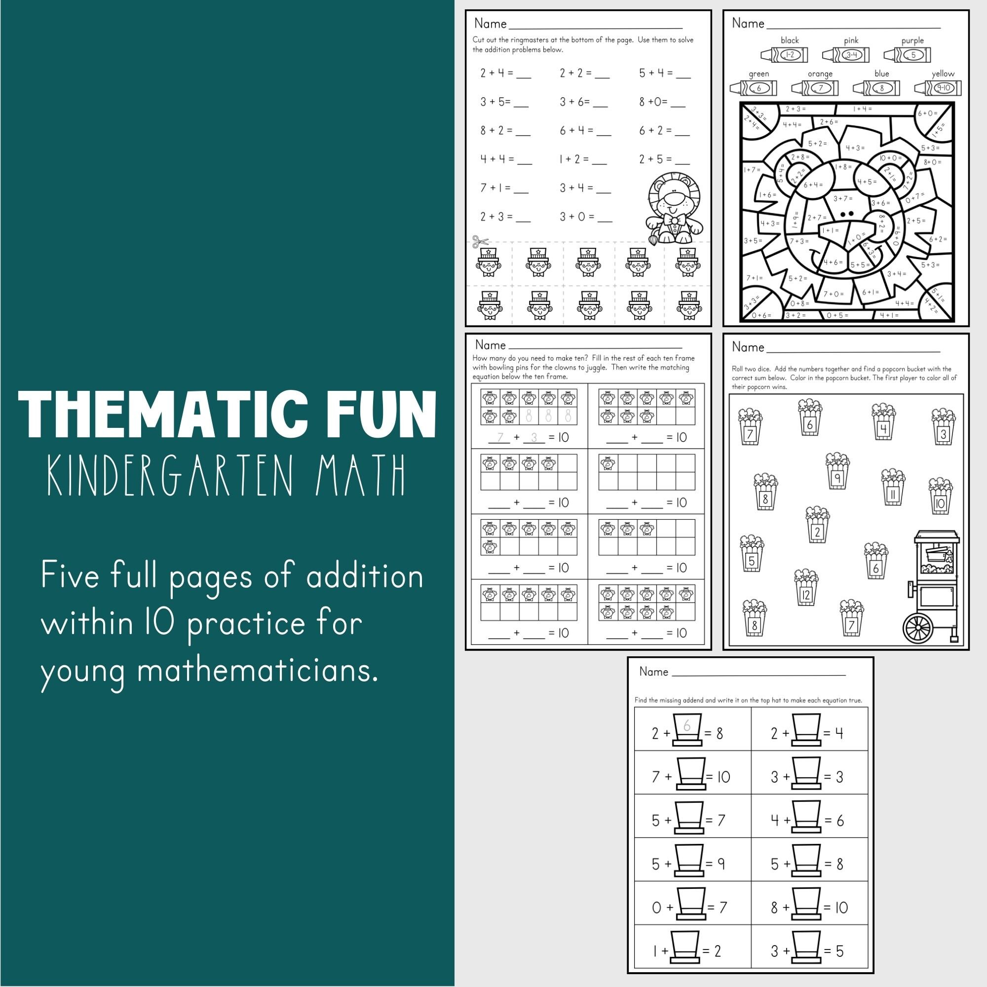 Math Activity Sheets Circus Animals Theme INSTANT DOWNLOAD Kindergarten ...