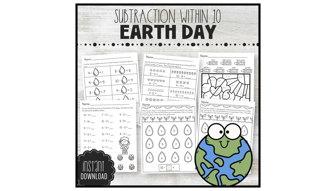 Printable Kindergarten Subtraction Worksheets Earth Day Math | INSTANT ...