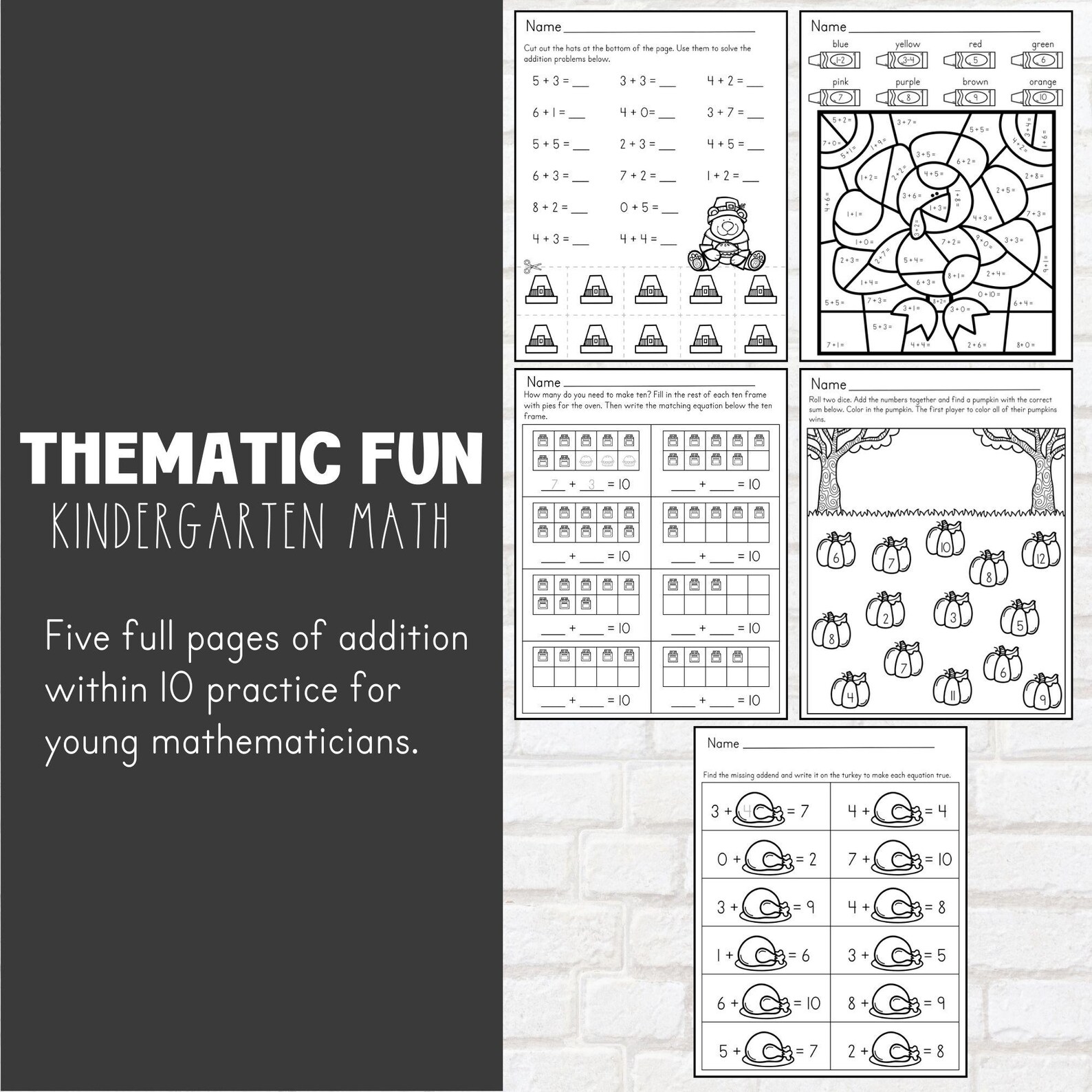 Printable Thanksgiving Math Activities, INSTANT DOWNLOAD, Kindergarten ...