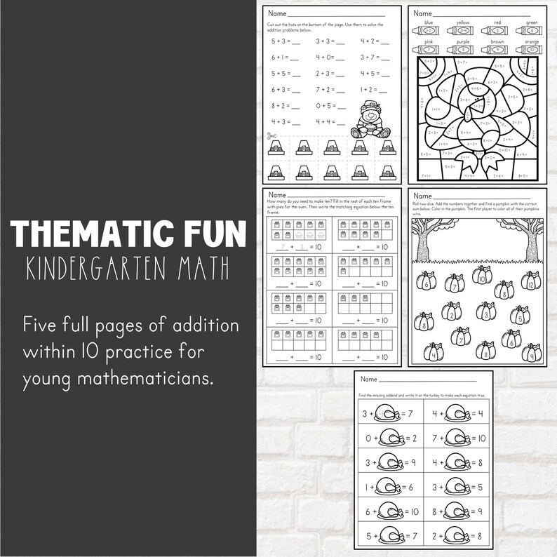 Printable Thanksgiving Math Activities, INSTANT DOWNLOAD, Kindergarten ...