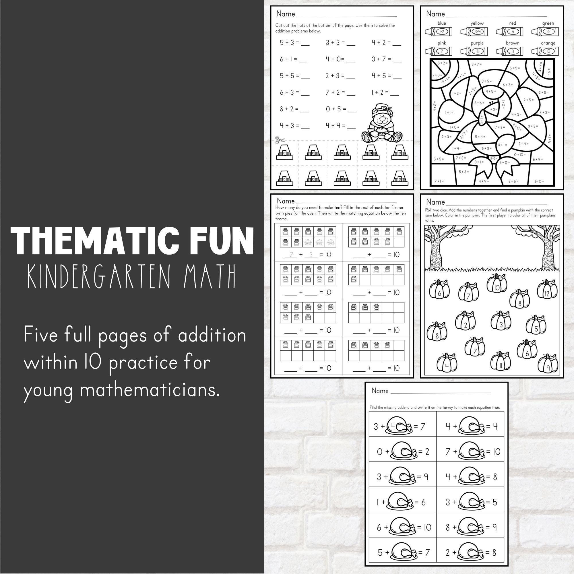 Printable Thanksgiving Math Activities, INSTANT DOWNLOAD, Kindergarten ...