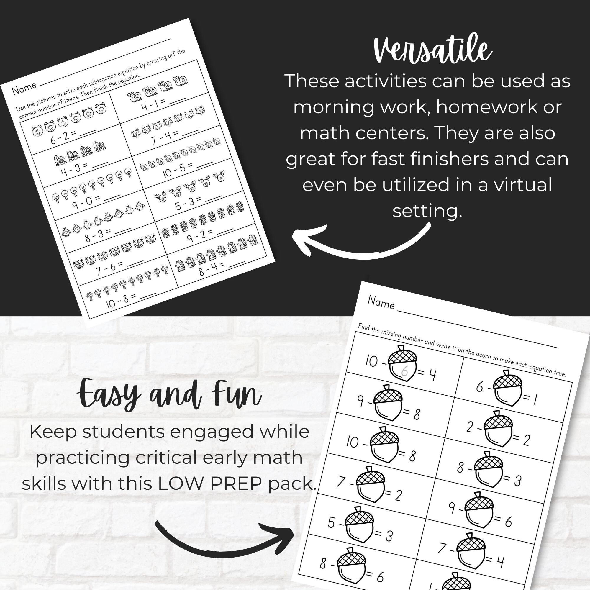 Printable Subtraction Worksheets Woodland Animal Theme Kindergarten ...