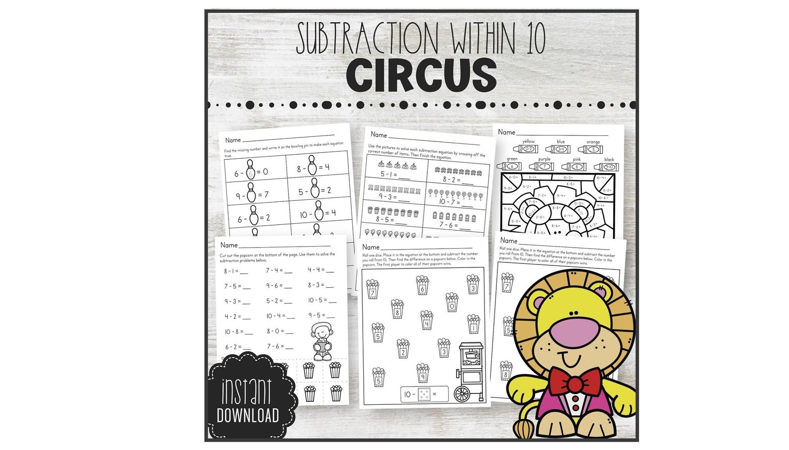 Printable Subtraction Worksheets Cirucs Theme Kindergarten Math ...