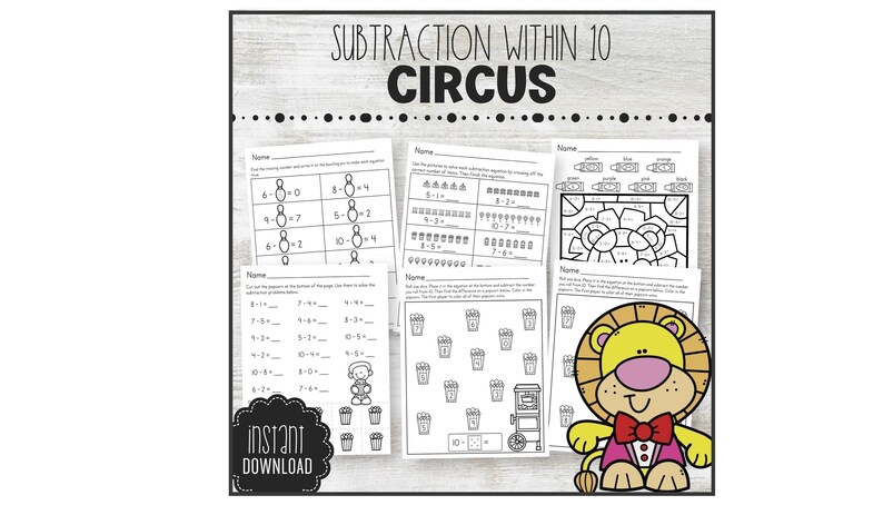 Printable Subtraction Worksheets Cirucs Theme Kindergarten Math ...