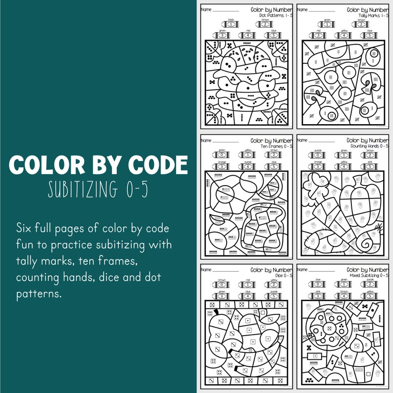 Kindergarten Worksheets Color by Number INSTANT DOWNLOAD, Subitizing ...