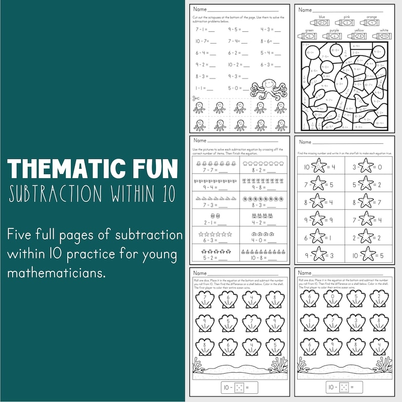 Printable Subtraction Worksheets Ocean Theme | Kindergarten Math ...
