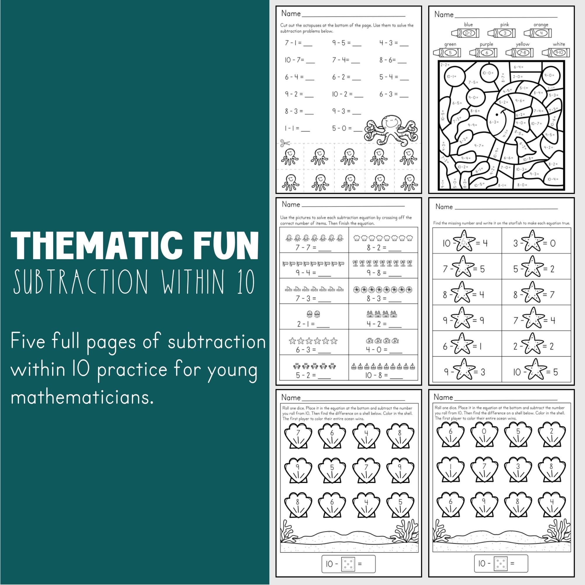 Printable Subtraction Worksheets Ocean Theme | Kindergarten Math ...