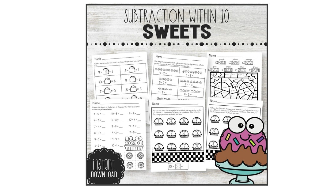 Printable Subtraction Worksheets Sweet Treats Theme Kindergarten Math ...