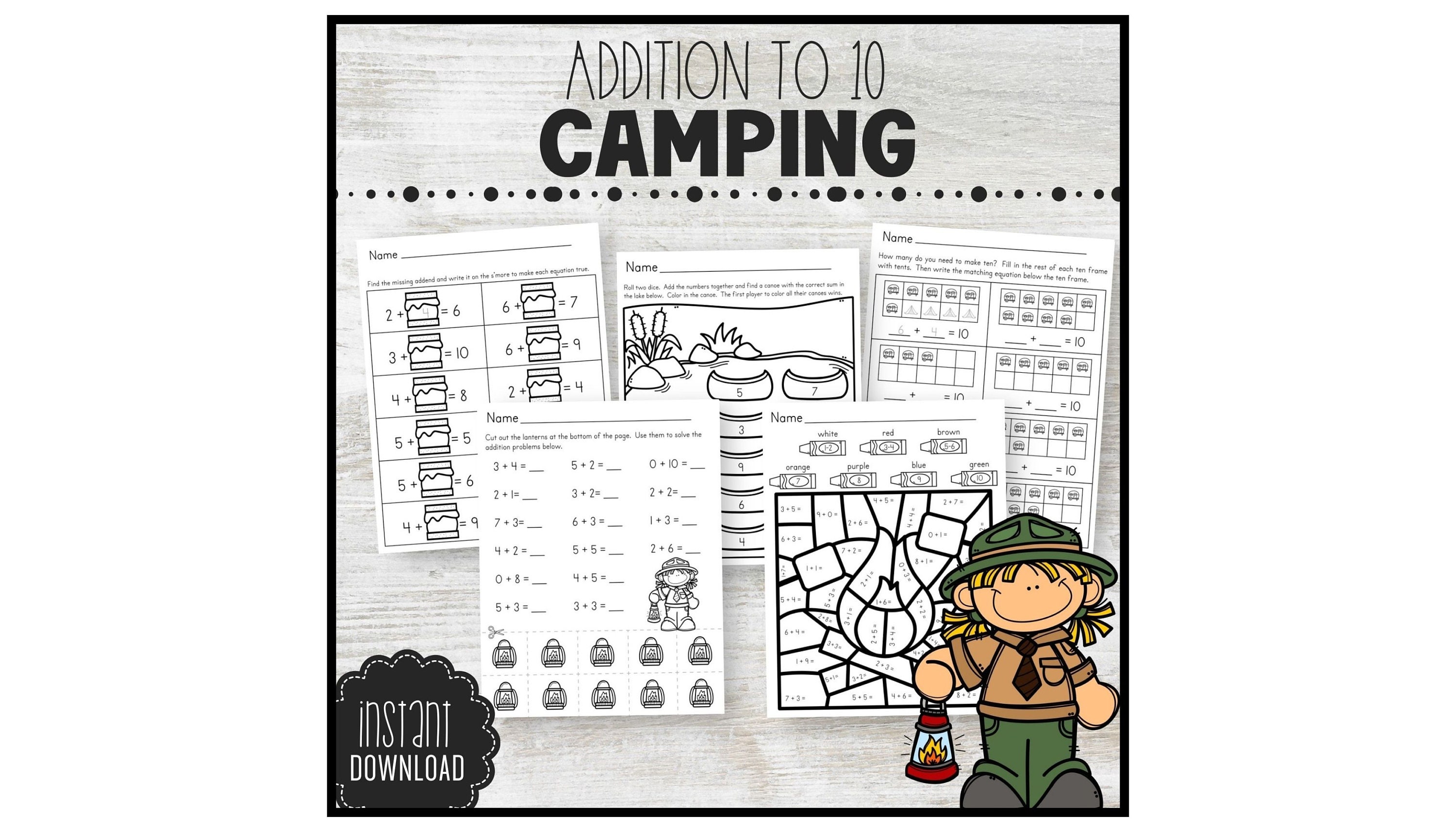 Math Activity Sheets Camping Theme INSTANT DOWNLOAD Kindergarten ...