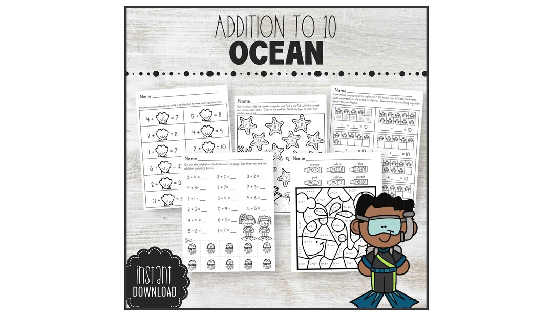 Math Activity Sheets Ocean Animal Theme INSTANT DOWNLOAD Kindergarten ...