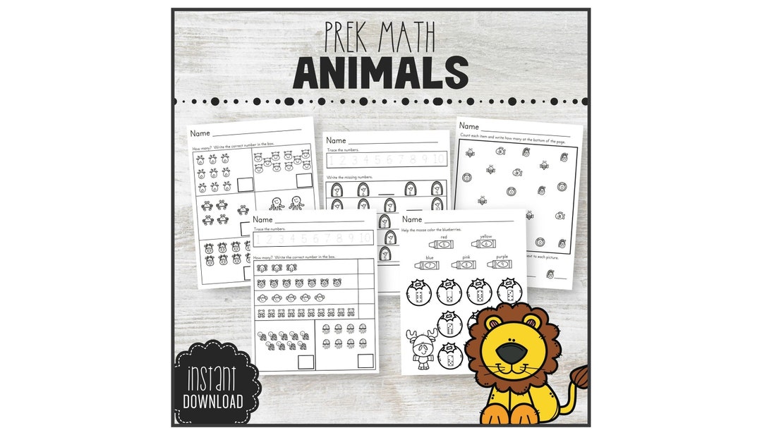 Preschool Printable Math Worksheets INSTANT DOWNLOAD Animals Counting ...