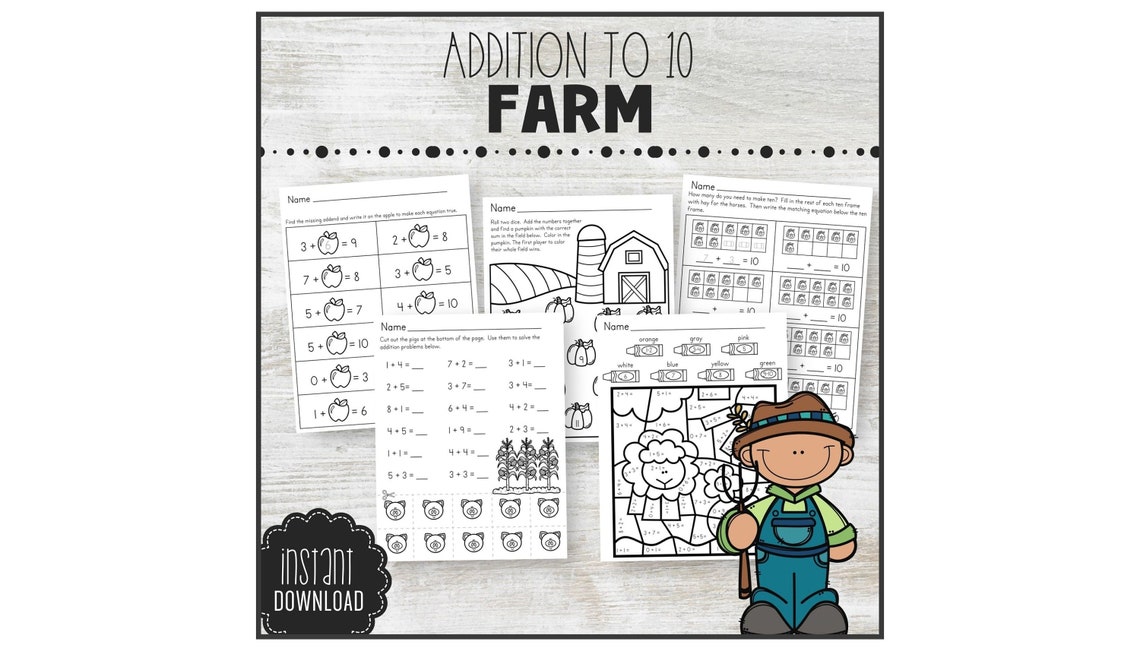 Math Activity Sheets Farm Animal Theme INSTANT DOWNLOAD Kindergarten ...