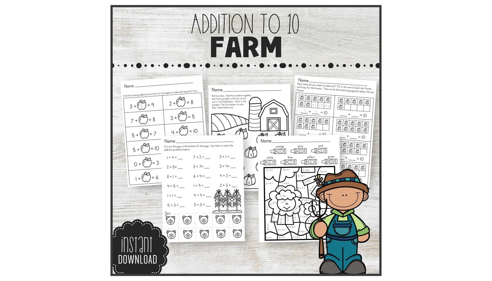 Math Activity Sheets Farm Animal Theme INSTANT DOWNLOAD Kindergarten ...