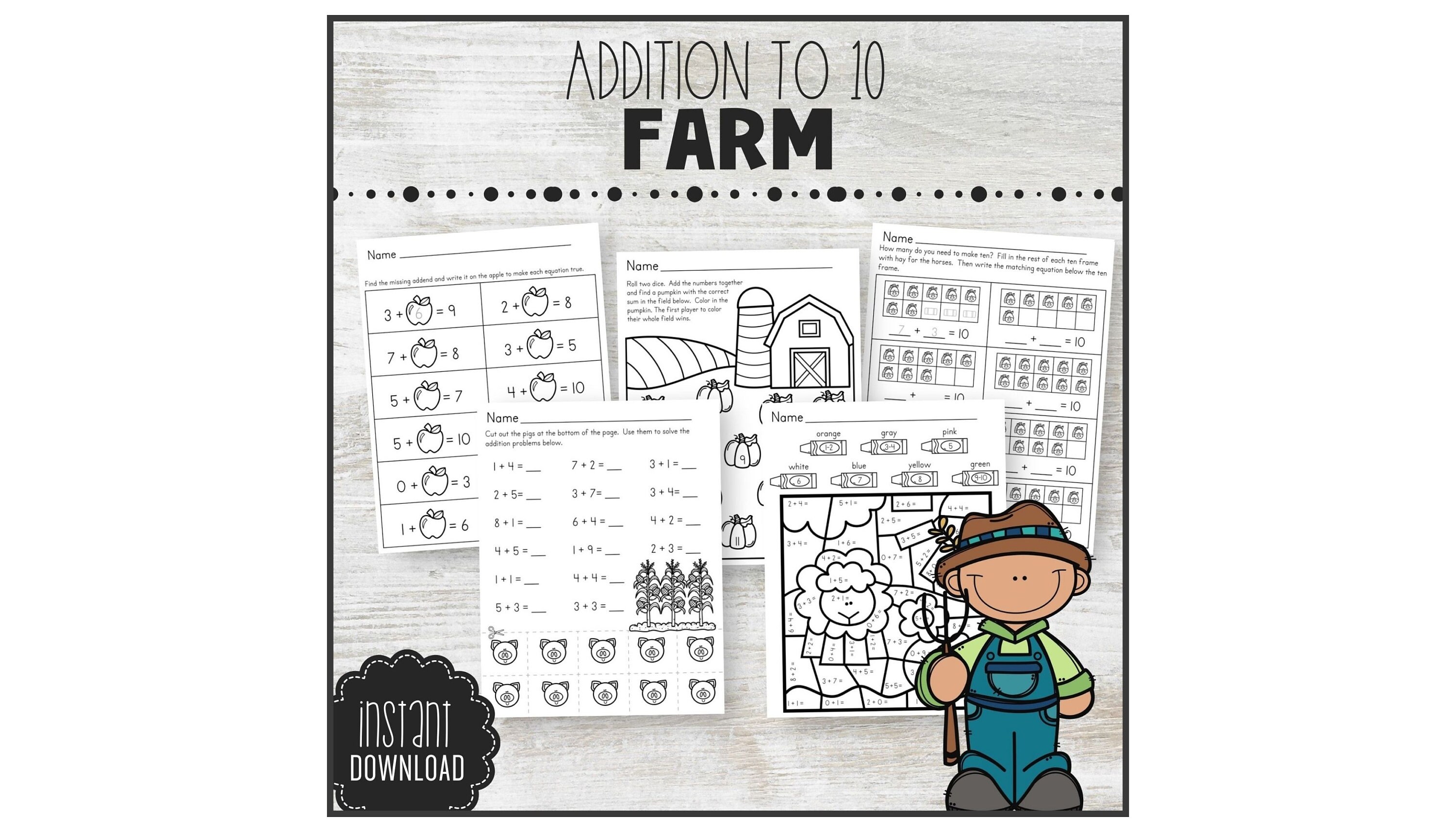 Math Activity Sheets Farm Animal Theme INSTANT DOWNLOAD Kindergarten ...