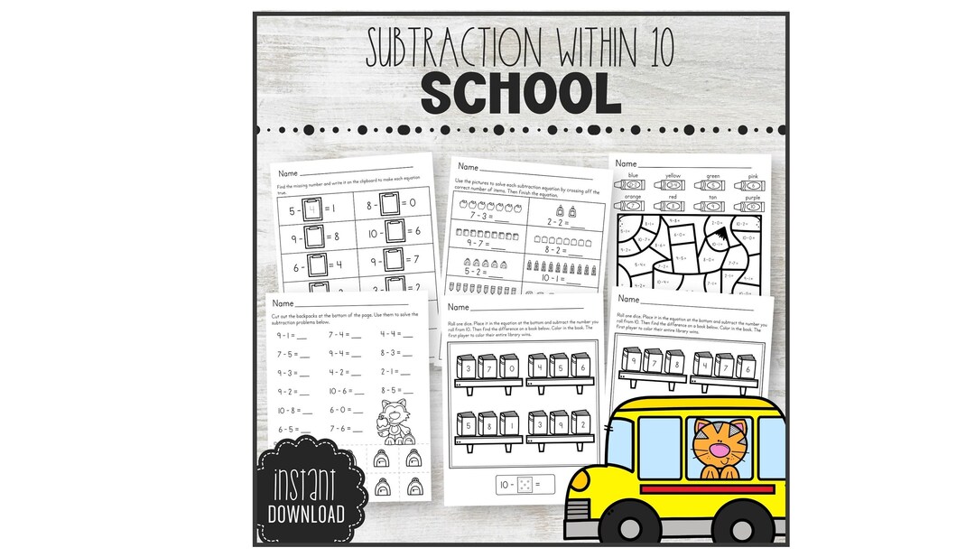Printable Subtraction Worksheets School Theme Kindergarten Math ...