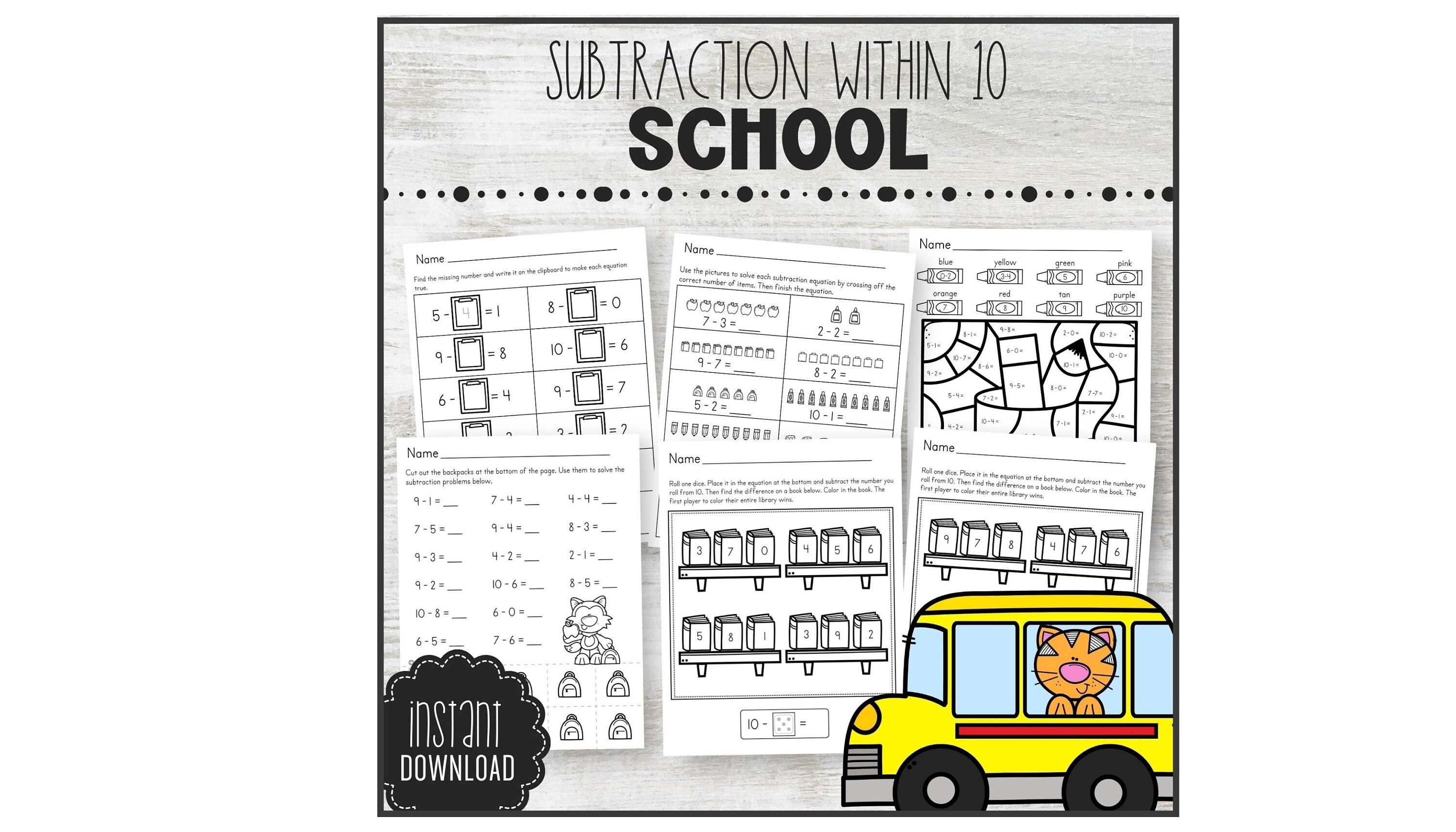 Printable Subtraction Worksheets School Theme Kindergarten Math ...
