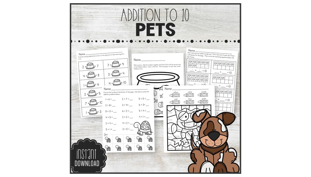 Math Activity Sheets Pets Theme INSTANT DOWNLOAD Kindergarten Printable ...