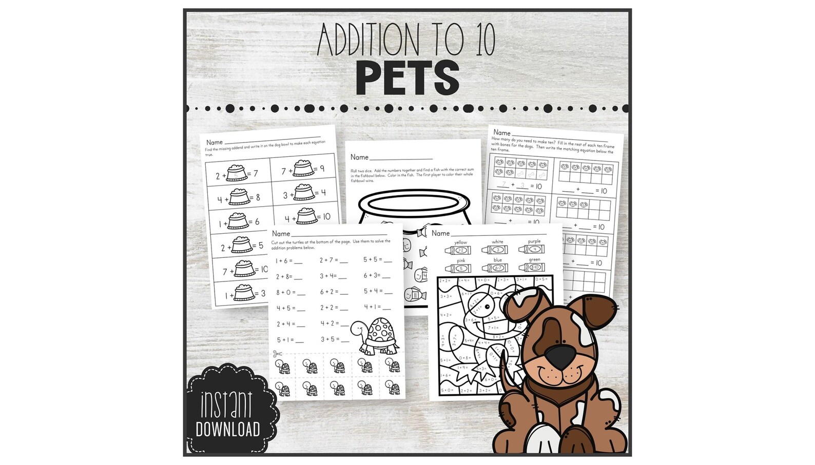 Math Activity Sheets Pets Theme INSTANT DOWNLOAD Kindergarten Printable ...