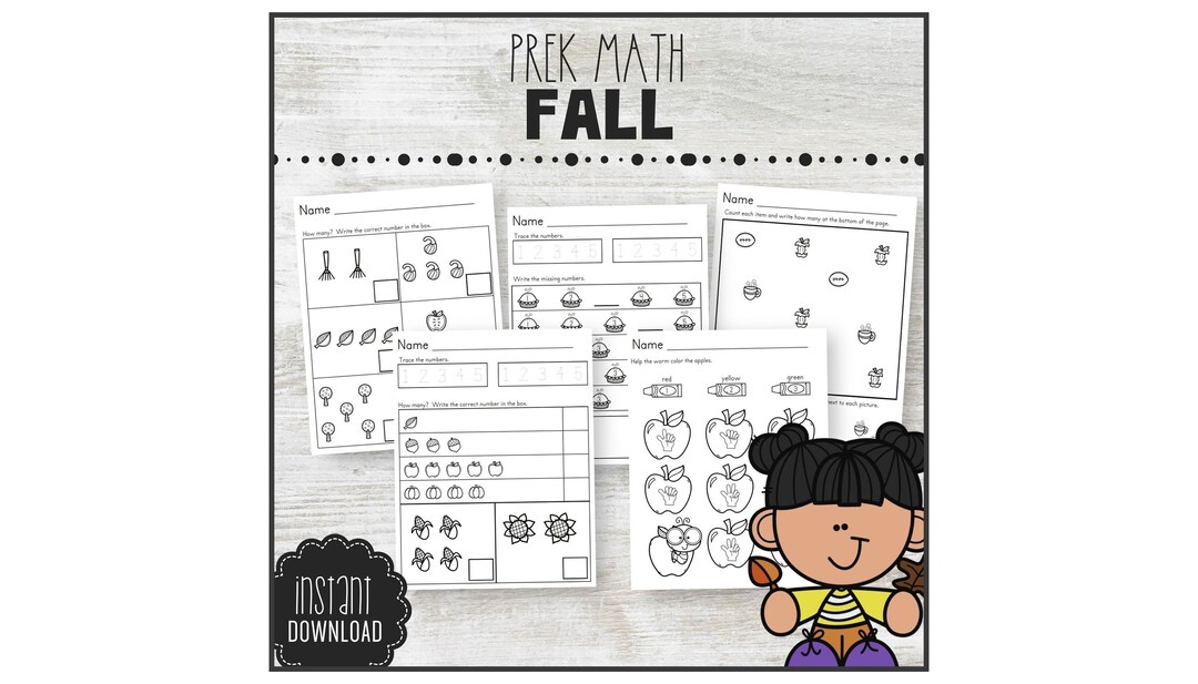 Preschool Fall Printable Math Worksheets INSTANT DOWNLOAD Autumn ...