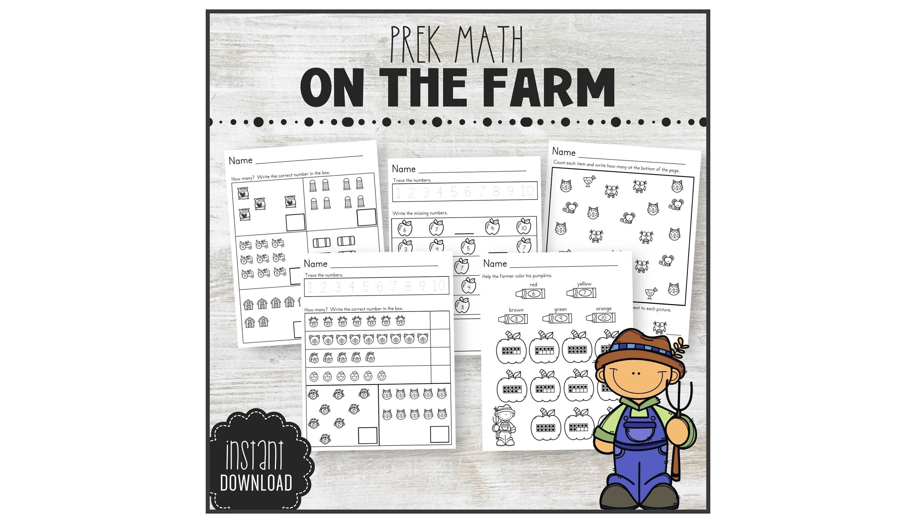 Preschool Printable Math Worksheets INSTANT DOWNLOAD Farm Theme ...
