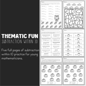Printable Fall Math Worksheets Subtraction Within 10, INSTANT DOWNLOAD ...