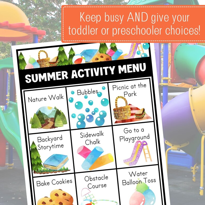 Toddler Summer Activity Menu, INSTANT DOWNLOAD, Preschool Indoor and ...