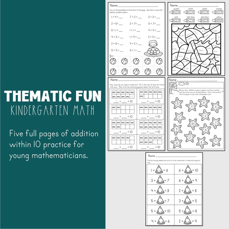 Math Activity Sheets Summer Theme INSTANT DOWNLOAD Kindergarten ...