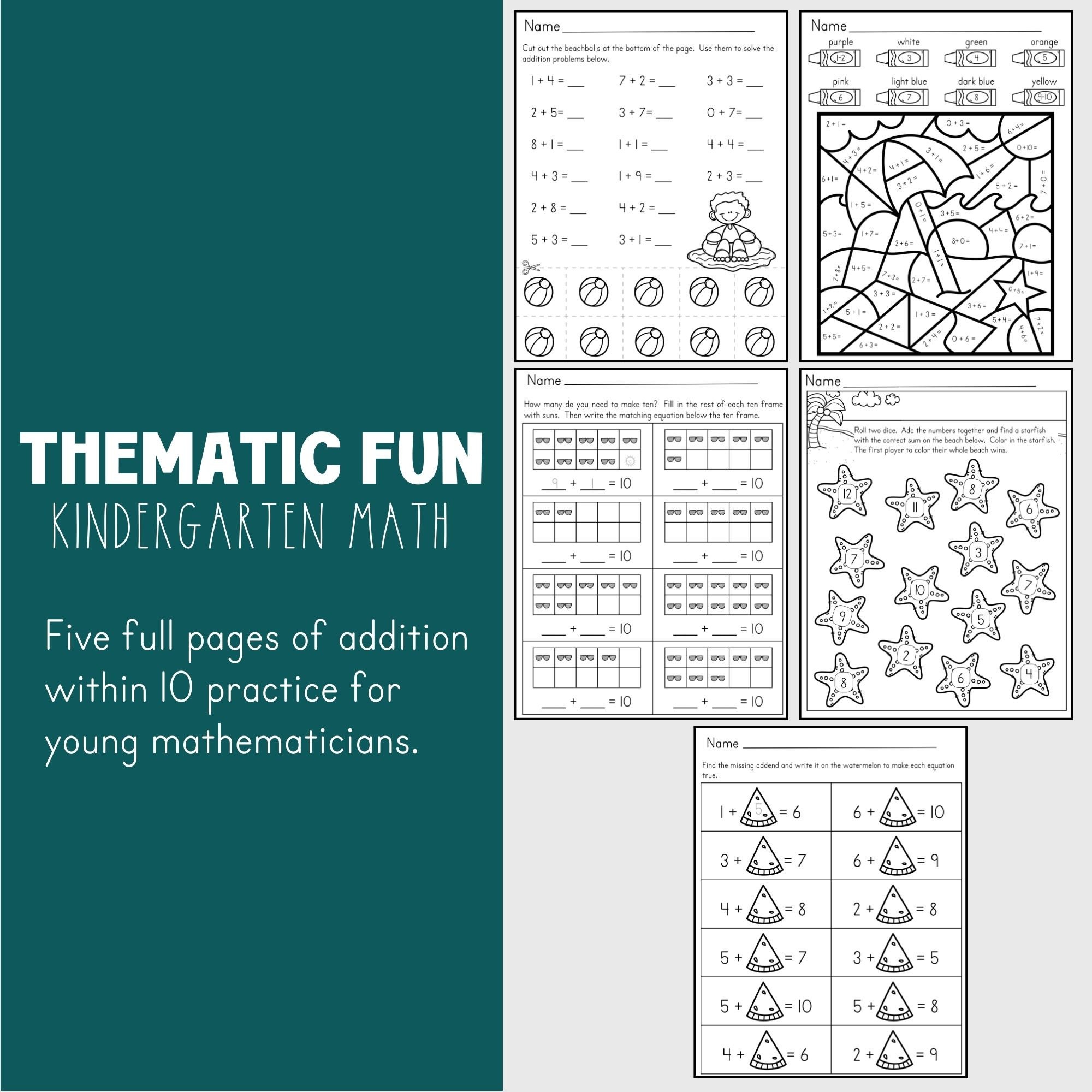 Math Activity Sheets Summer Theme INSTANT DOWNLOAD Kindergarten ...
