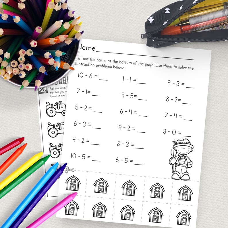 Printable Subtraction Worksheets Farm Theme | Kindergarten Math ...