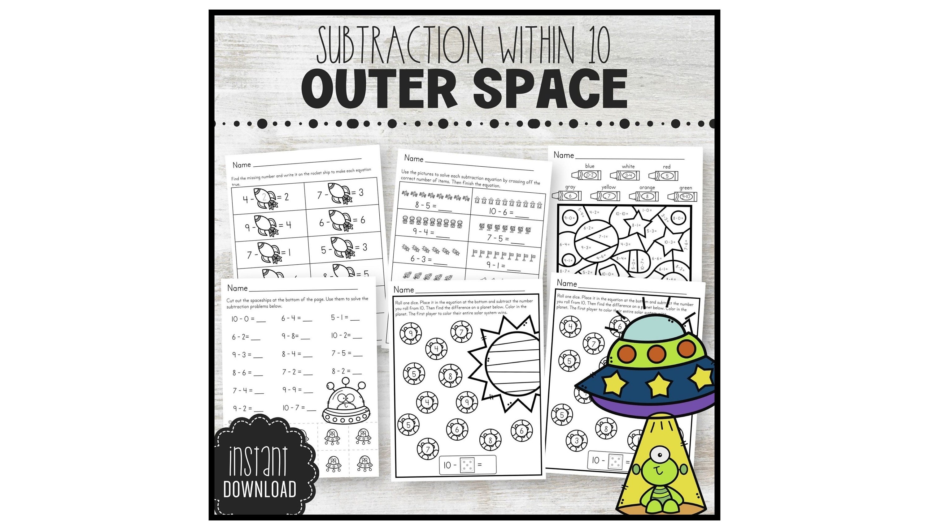 Printable Subtraction Worksheets Space Theme | Kindergarten Math ...