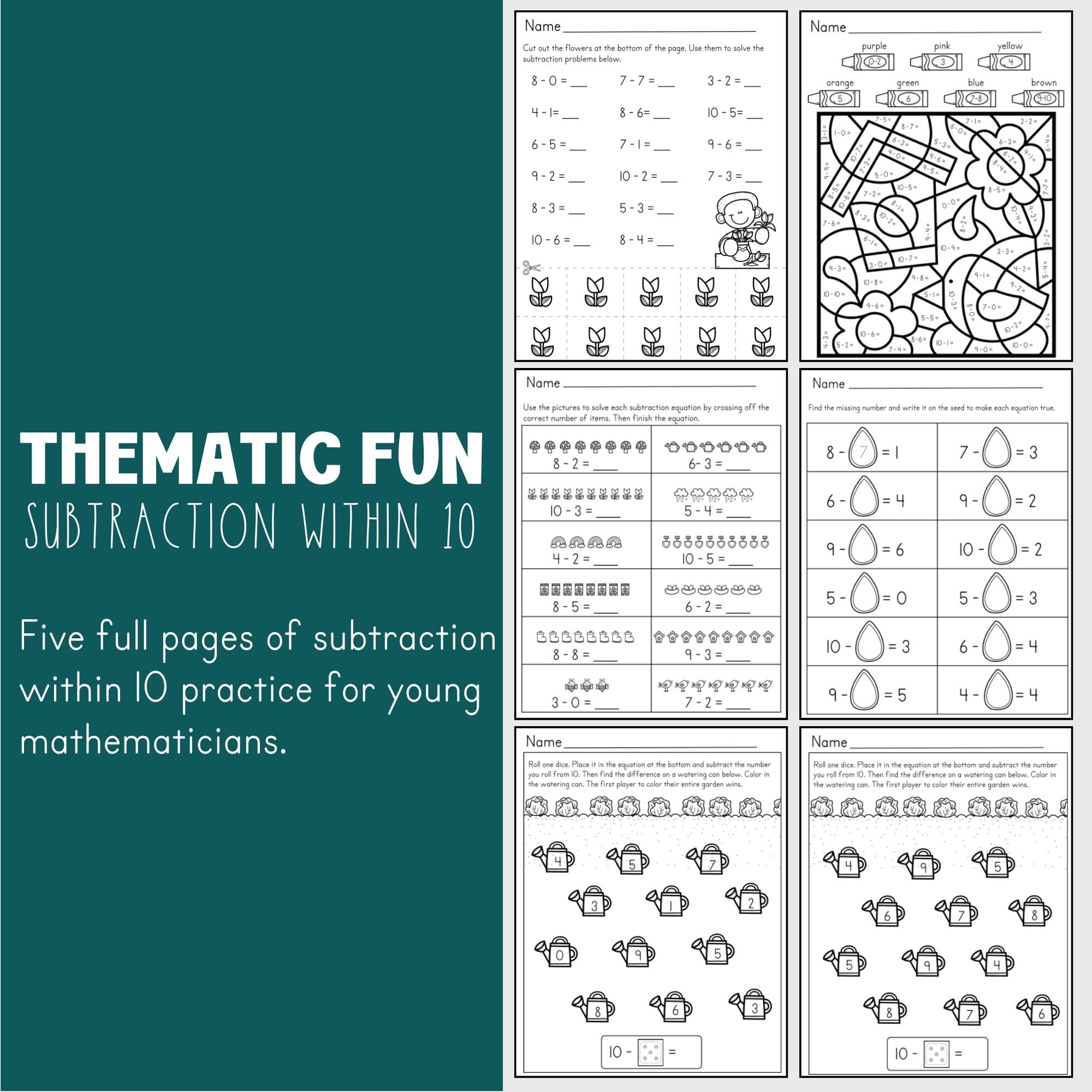 Printable Kindergarten Subtraction Worksheets Spring Math | INSTANT ...