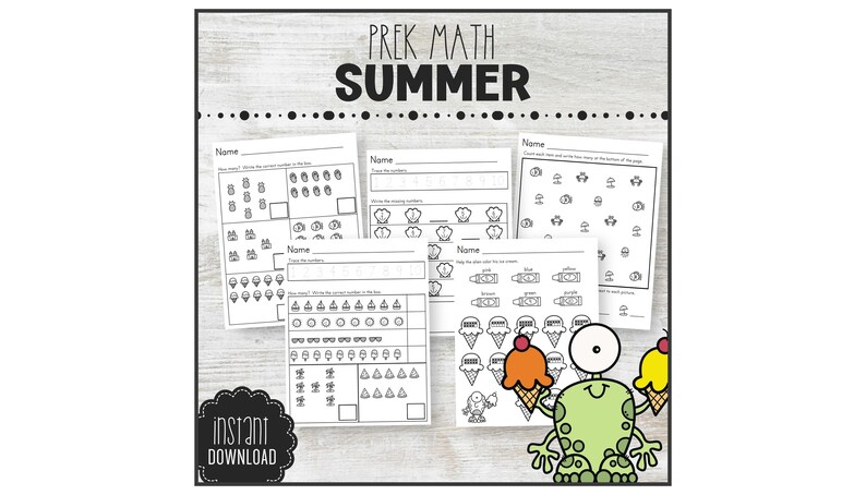 Printable Summer Math Worksheets INSTANT DOWNLOAD Preschool Counting ...