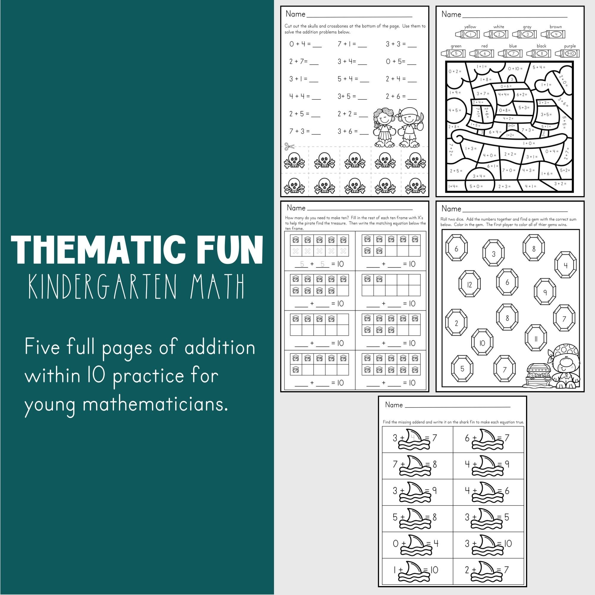 Math Activity Sheets Pirate Theme INSTANT DOWNLOAD Kindergarten ...