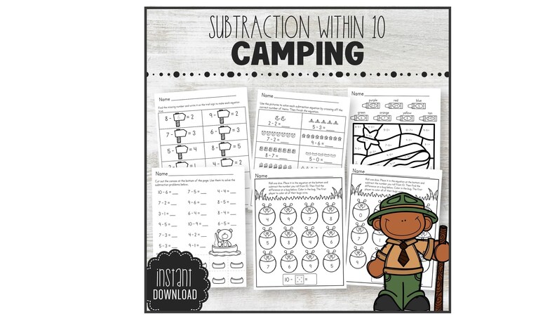 Printable Subtraction Worksheets Camping Theme Kindergarten Math ...