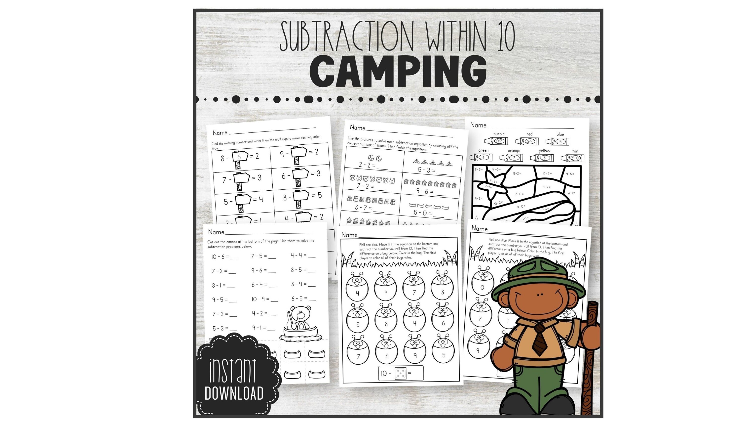 Printable Subtraction Worksheets Camping Theme Kindergarten Math ...