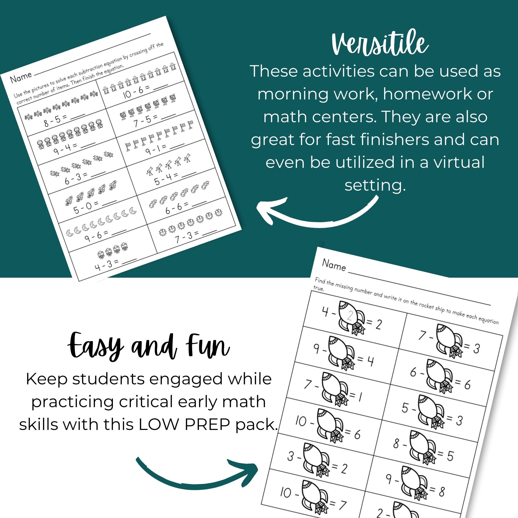 Printable Subtraction Worksheets Space Theme | Kindergarten Math ...