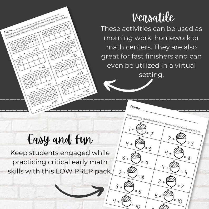 Fall Math Activities Addition to 10, INSTANT DOWNLOAD, Kindergarten ...