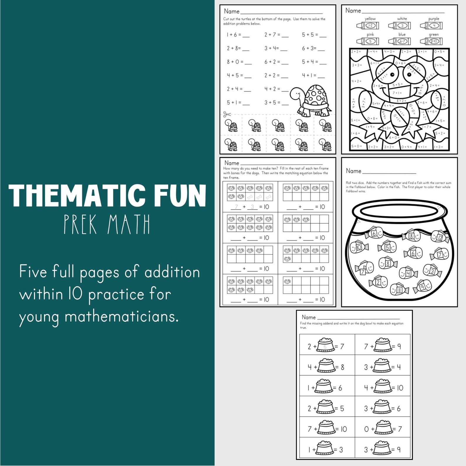 Math Activity Sheets Pets Theme INSTANT DOWNLOAD Kindergarten Printable ...