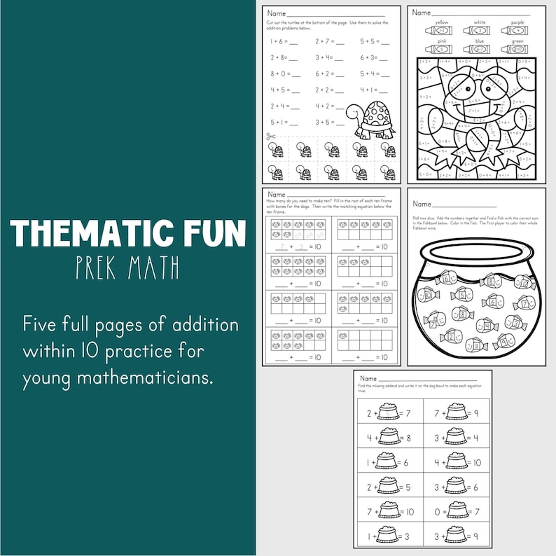 Math Activity Sheets Pets Theme INSTANT DOWNLOAD Kindergarten Printable ...
